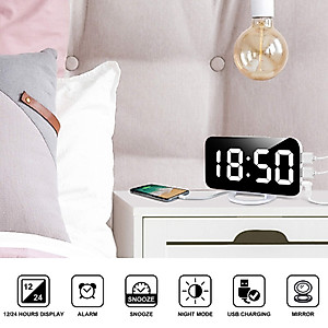 Lamisola Digital Alarm Clock, Large LED Mirror Display, 2 USB Charging Ports，Auto Dim Mode，Modern Design Clock for Bedroom Office, White