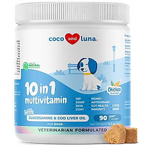 10 in 1 Multivitamin for Dogs - 90 Soft Chews - Hip and Joint Support with Glucosamine and Chondroitin - Cod Liver Oil & Vitamins with Coq10 for Skin & Heart Health, Gut & Immune Support