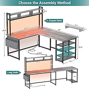 Besiost L Shaped Gaming Desk with Power Outlets, 59" Reversible L Shaped LED Computer Desk with Monitor Stand & Storage Shelf, Corner Gamer Desk Home Office Desk with Storage Bag, Black Oak
