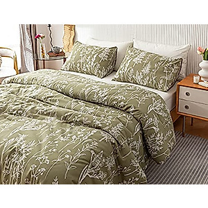 JANZAA 3 Pieces Duvet Covers Queen Size Floral Cover White Botanical Printed on Qlive Geen Soft Bed with Zipper Closure 4 Ties All Season Using(2 Pillow Cases)