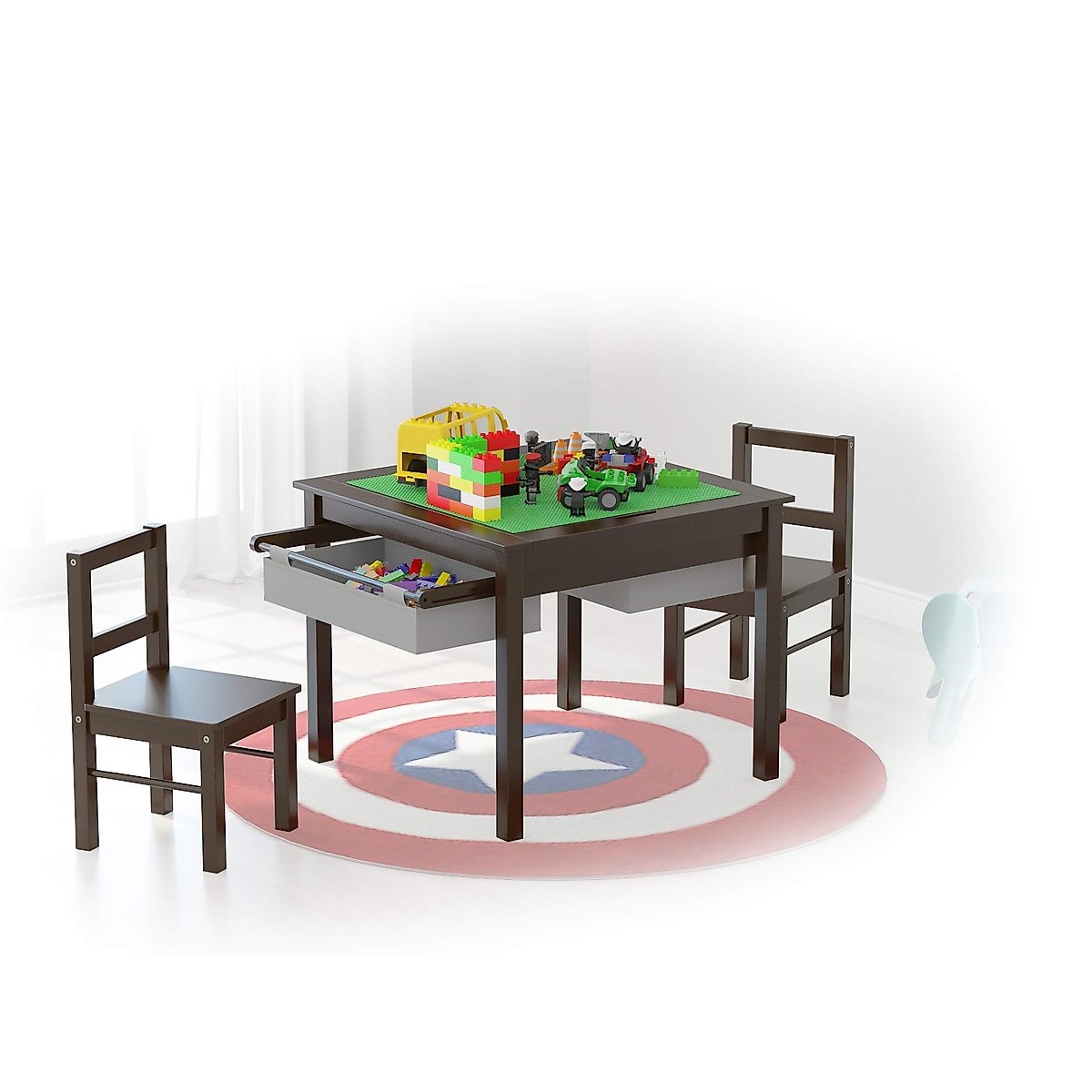 UTEX Wooden 2 in 1 Kids Construction Play Table and 2 Chairs Set with Storage Drawers, and Built in Plate Compatible with Lego and Duplo Bricks (Espresso with Grey Drawer)