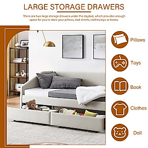 Twin Daybed with Storage Drawers, Upholstered Twin Size Daybed Frame, Modern Sofa Day Bed Frame with Curved Armrests, Linen Fabric Bedroom Furniture Bedframe, No Box Spring Needed (Twin, Beige)