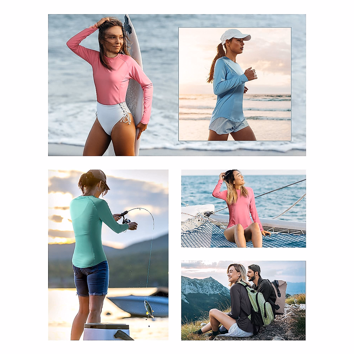 (Size:L) 2 Pack Womens Long Sleeve UV Sun Shirts UPF 50+ Workout Swim Rash Guard Tops