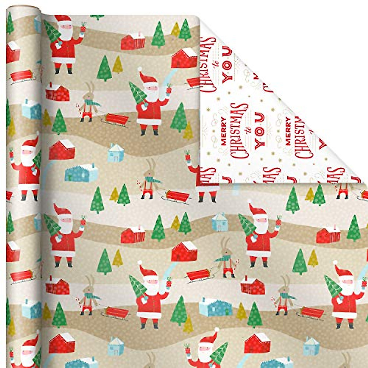 Hallmark Reversible Christmas Wrapping Paper (3 Rolls: 120 sq. ft. ttl) Rustic Santa, Papercraft Snowmen, Candy Canes, Stripes, Snowflakes, "Merry Christmas to You"