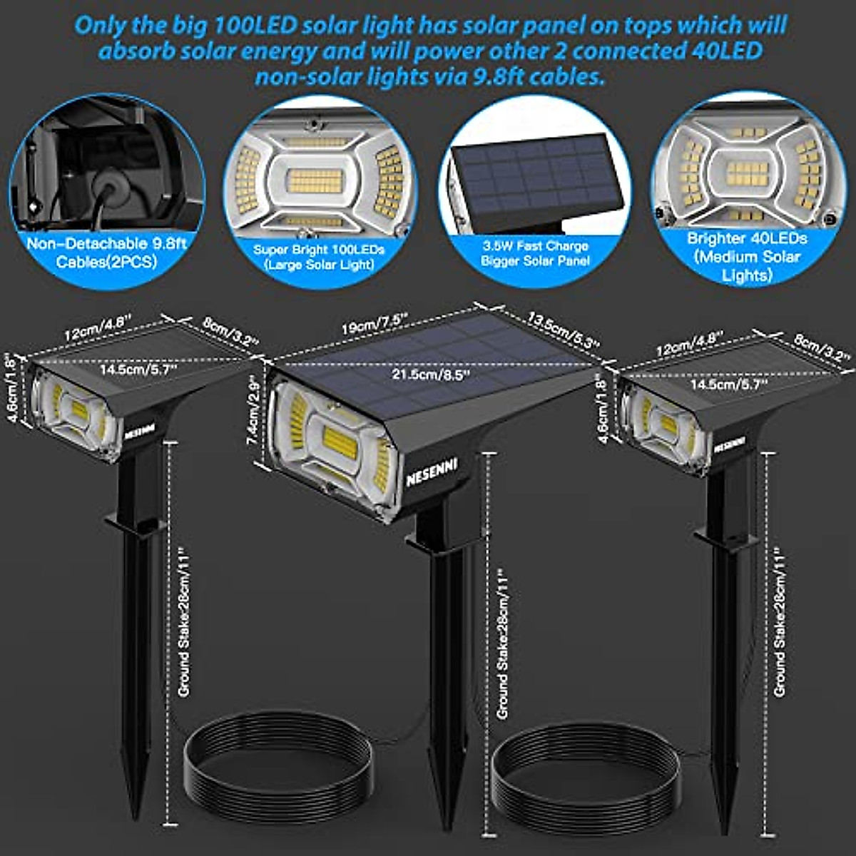 100LED Solar Outdoor Lights Power 2PCS 40LED Non-Solar Lights for Shady Areas via 9.8ft Cables(No Need Plug in), IP68 Solar Spotlights Outdoor, 3 Light Modes Auto ON/Off Solar Powered Spot Lights