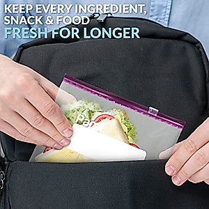 PAMI Food Storage Slider Quart Bags [50 Pieces] - Leakproof Freshness-Lock Bags With Expandable Bottom- Food-Safe Slider Zipper Bags With Write On Label- Thick & Reusable Sandwich Bags