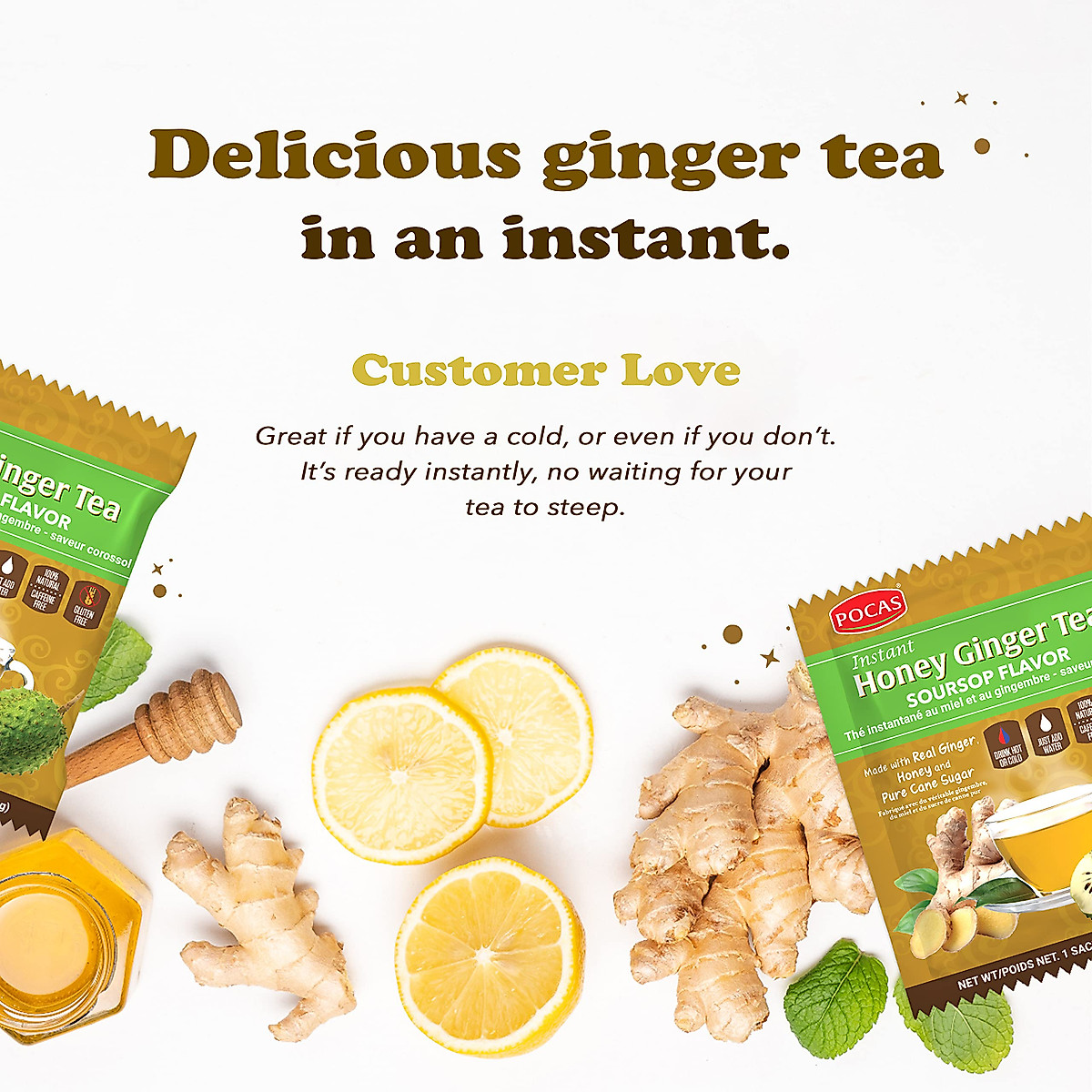 Pocas Honey Ginger Tea - Instant Tea Powder Packets with Soursop & Ginger Honey Crystals Tea, Non-GMO/Gluten Free/Caffeine Free Tea, 20 Count