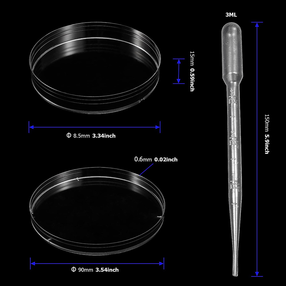 50 Pack Petri Dishes with 100 Pcs Lids, 90 x 15 mm Disposable Sterile Petri Dishs, Plastic Clear Petri Dishs, Lab Petri Dishes with 3ml Transfer Pipettes
