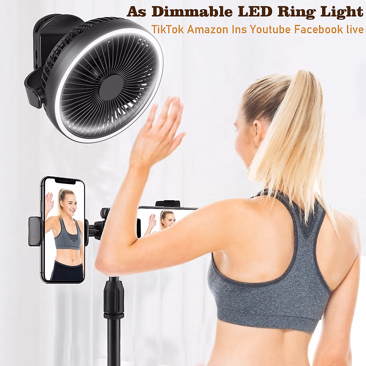 8 Inch Rechargeable Clip on Fan with Camping Lantern, Strong 4 Speeds & Timer, 10000mAh Battery Operated Clip Fan for Bed, Outdoor Travel, Golf Cart - Flexible Hook & Quiet Operation (Black)