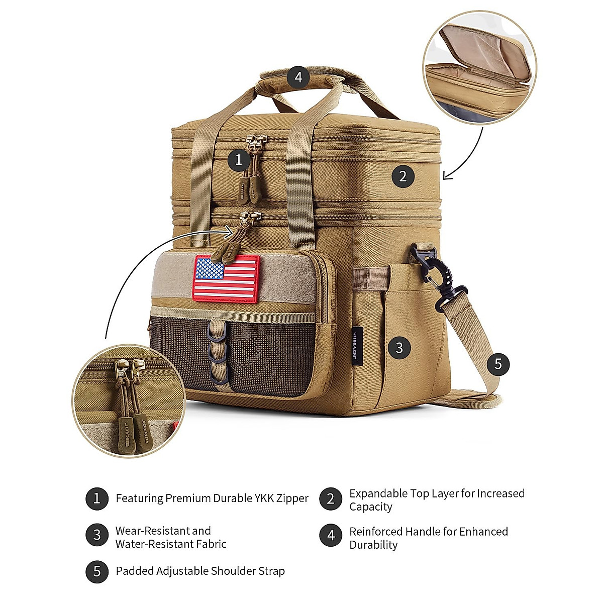 JOYHILL Tactical Lunch Box for Men, Double Deck Expandable Insulated Lunch Bag, Large Durable Thermal and Cooler Bag for Adult, Modern Leakproof Bag for Adult Work, Camping, Picnic, Green Camo,18L