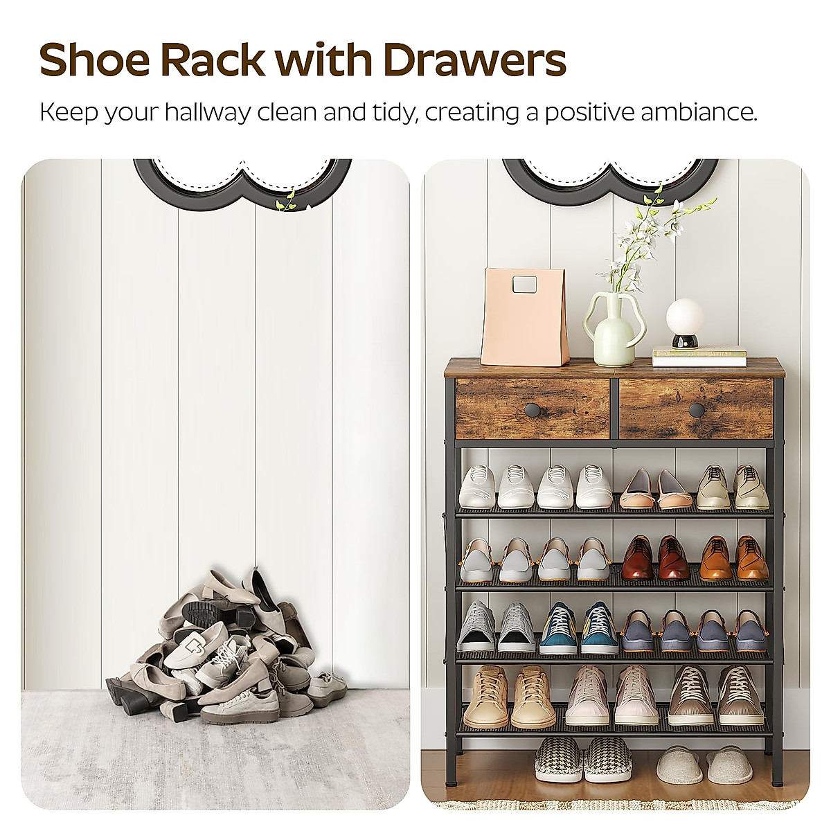 YATINEY 5 Tier Shoe Rack, Large Capacity Shoe Storage Organizer, Metal Shoe Shelf with Drawer and Wooden Top, for 16 Pairs of Shoes, for Entryway, Closet, Rustic Brown and Black SS25BR