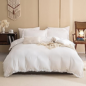White Bedding Queen Boho Duvet Cover Set Shabby Chic Home Decor Tufted Tassel Beding Bohemian Farmhouse Bedding Set 1 Duvet Cover 2 Pillowcases (White, Queen)