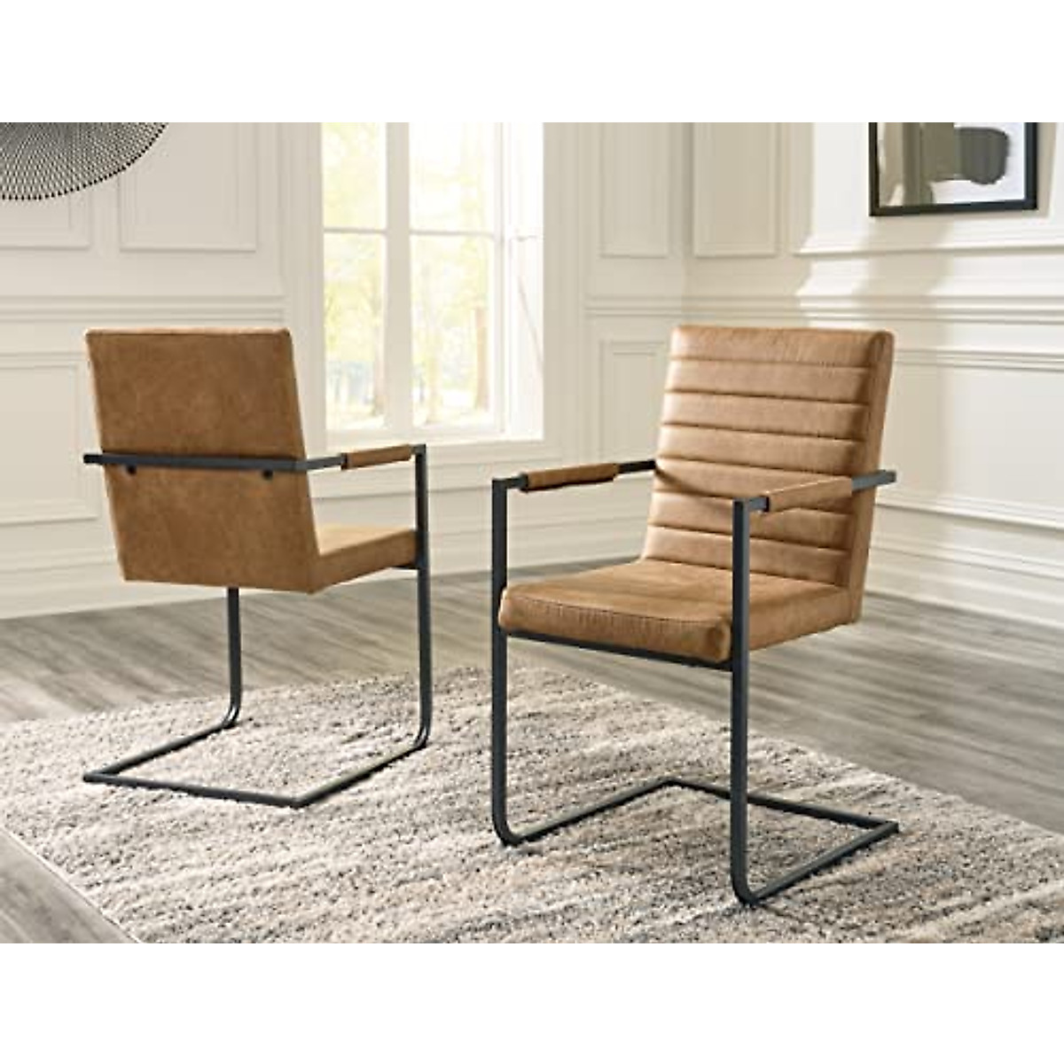 Signature Design by Ashley Strumford Modern Faux Leather Dining Upholstered Arm Chair, Set of 2, Light Brown & Black