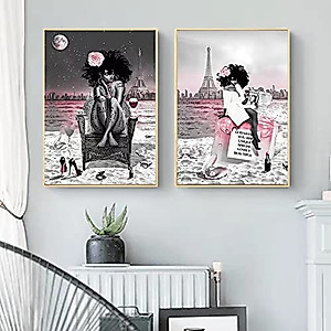 Black Girl African American Wall Art Decor Women Pink And Grey On Beach Eiffel Tower Abstract Canvas Paintings Pictures Posters Prints Bathroom Artwork For Wall Bedroom No Frame 16x24in (40x60cm)