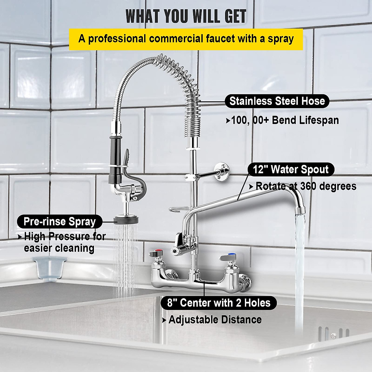 VEVOR Commercial Faucet Pre-Rinse with Sprayer, 8in Adjustable Center Wall Mount Kitchen Faucet with 12" Swivel Spout, 36" Height Compartment Sink Faucet for Industrial Restaurant, Lead-Free Brass