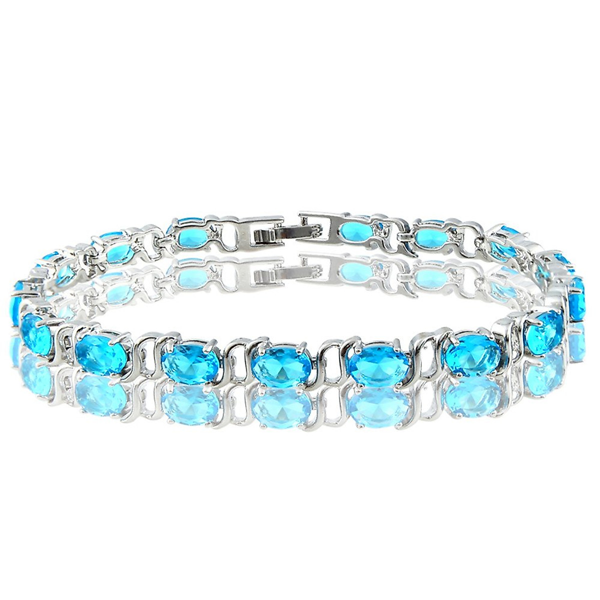 RIZILIA Tennis Bracelet & Oval Cut CZ [Simulated Aquamarine] in White Gold Plated, 7"