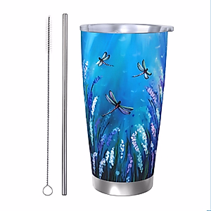 Purple flowers and cute dragonfly 20oz Tumbler Stainless Steel Vacuum Insulated Coffee Travel Mug, Durable Insulated Coffee Travel Mug with Splash-Proof Lid Metal Straw and Brush Thermal CupOutdoor