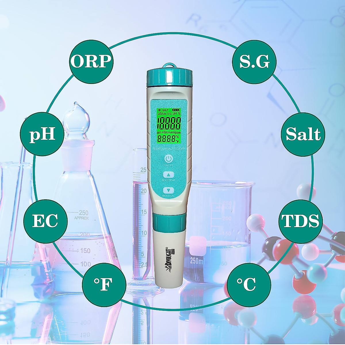 Divolight 7 in 1 Water Quality Tester Pen Meter for Pools, Drinking Water Aquariums hydroponic Cooking Tester Measure Water by 7 parameters: PH/TDS/EC/ORP/S.G/Water Salinity/Temp