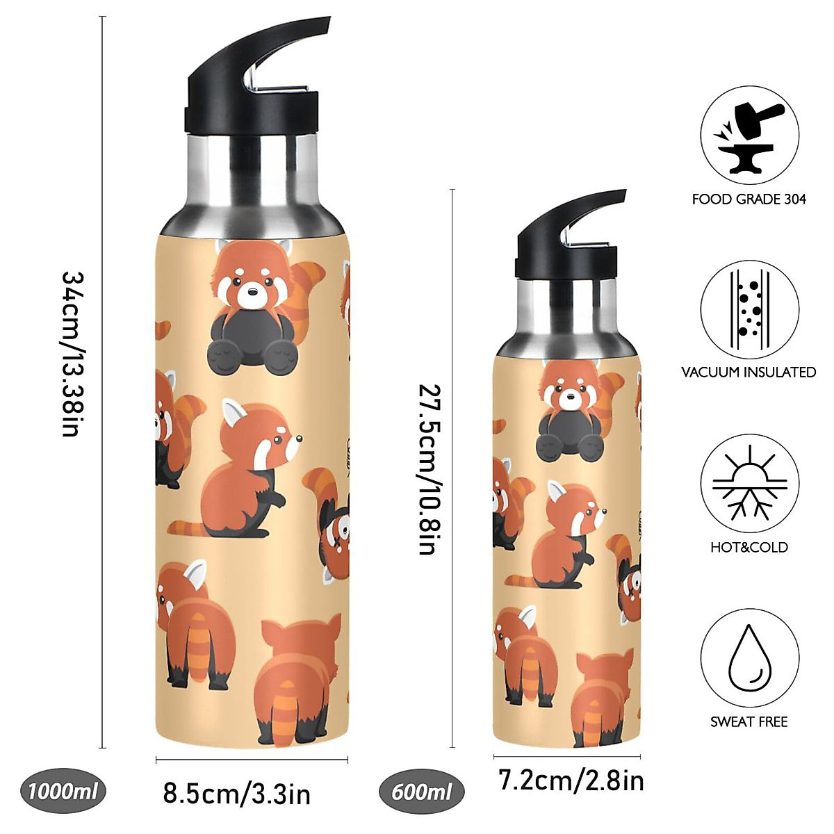 Dussdil Cute Red Panda Water Bottle Kid's Vacuum Insulated Tumblers Stainless Steel Cup BPA Free with Handle Straw Lid for Boys Girls Gifts 20 Oz