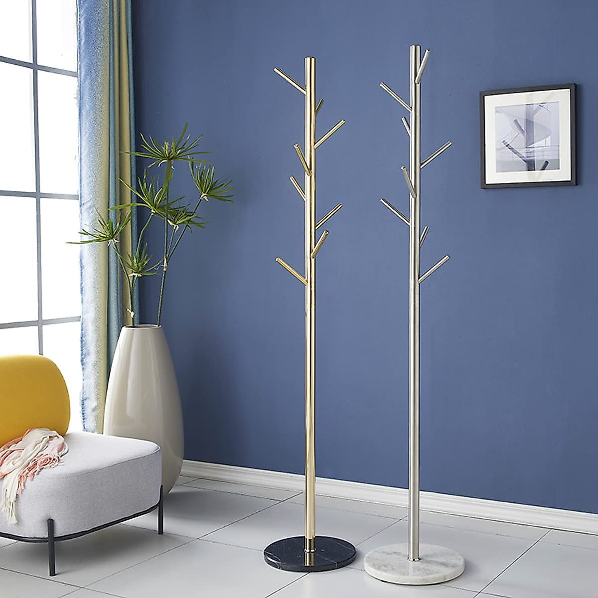 Jolitac Metal Coat Rack Stand Satin Steel Finish Stable Marble Base, High-Grade with Hooks Metal Tree Hat & Coat Hanger Floor Free Standing Wall Bedroom Easy Assembly (Satin Steel)