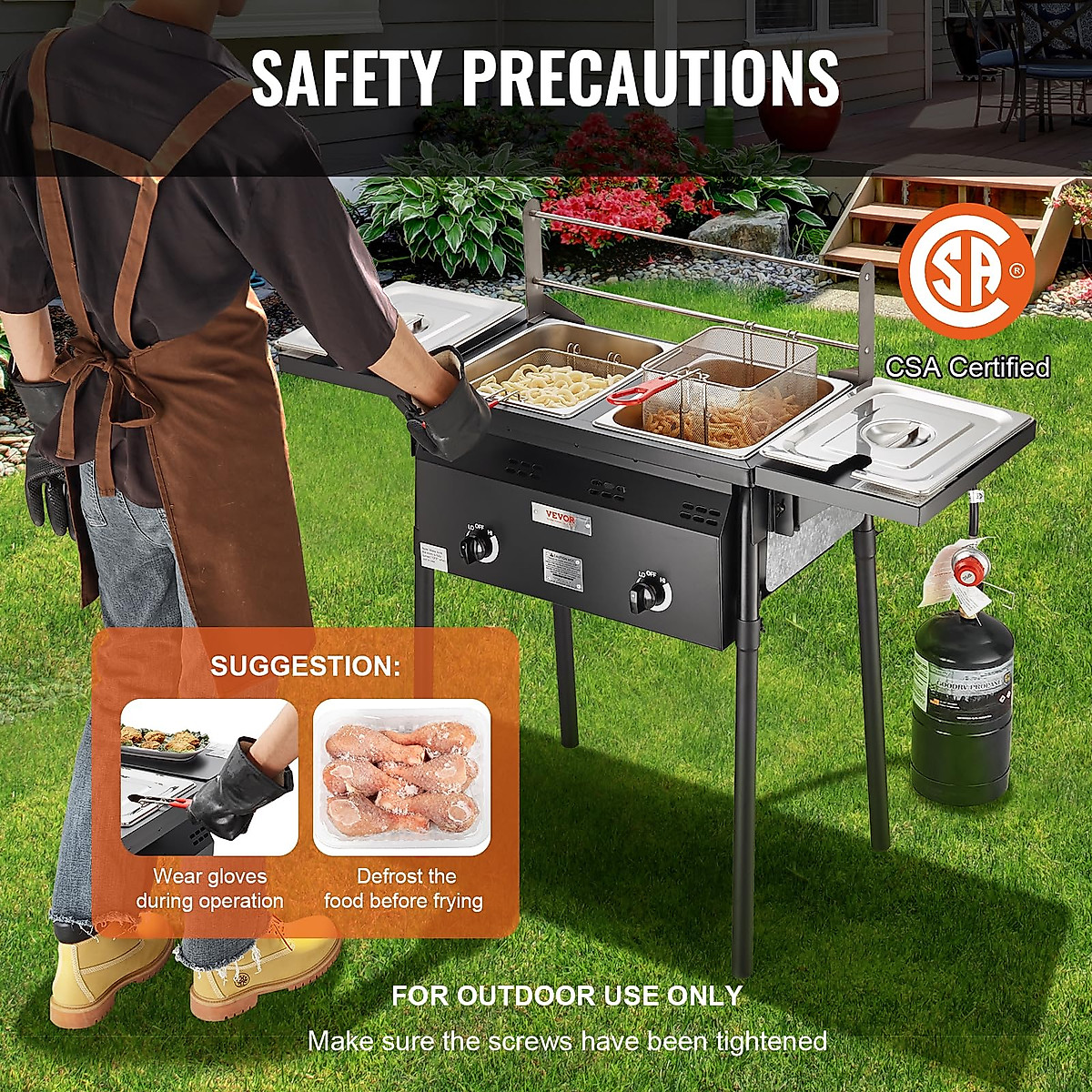 VEVOR Outdoor Propane Deep Fryer, Double Burners Commercial Fryer, 16 Qt Stainless Steel Cooker with Removable Baskets & Lids & Tanks, Oil Fryer Cart with Thermometer & Regulator, For Outdoor Cooking