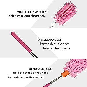 TIMIVO Microfiber Duster for Cleaning, Dusters with Telescoping Extension Pole, Extendable Washable Mini Dusters for Cleaning Car, Window, Furniture, Office (Pink Purple Rose red)
