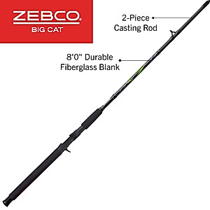 Zebco Big Cat Casting Fishing Rod, 8-Foot 2-Piece Fiberglass Fishing Pole, High-Visibility Rod Tip, Extended EVA Rod Handle, Shock-Ring Guides, Medium-Heavy Power, Black/Green