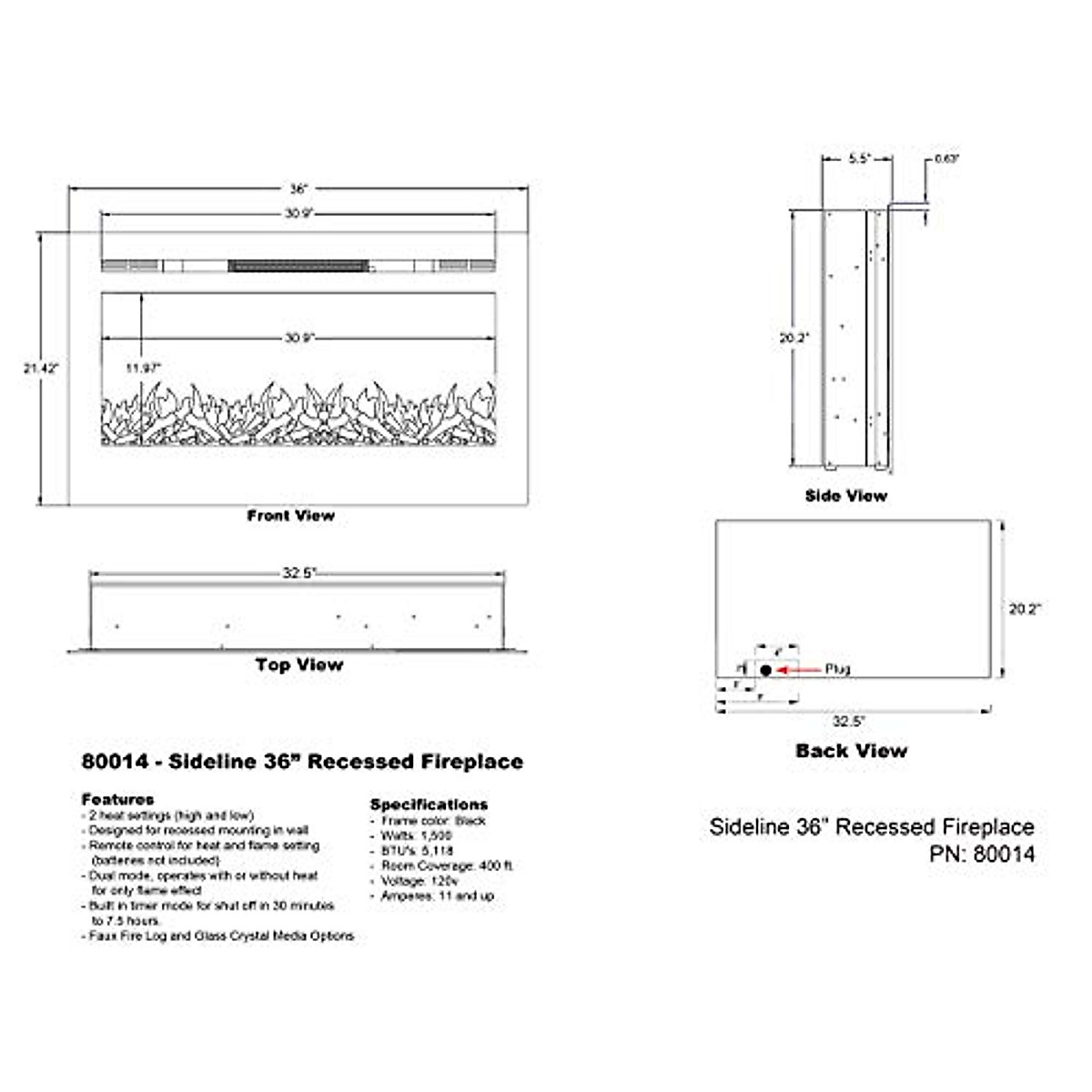 Touchstone Smart Electric Fireplace-The Sideline 36 Inch Wide-in Wall Recessed-30 Realistic Ember Color/Flame Options-1500W Heater w/Thermostat-Black-Log & Crystal Hearth Options -Alexa/WiFi Enabled