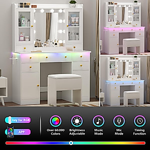 Wodeer Vanity Desk with Lighted Mirror & Power Strip,Makeup Vanity Table with RGB LED Lights & Chair,White Dressing Table Set with 7 Drawers & 2 Cabinet for Girls Women Bedroom & Dressing Room,White