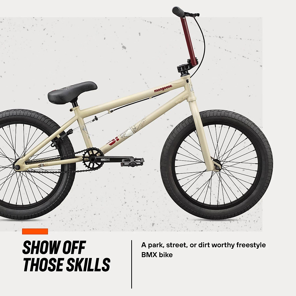 Mongoose Legion L80 Freestyle BMX Bike for Advanced-Level Riders, Adult Men Women, 4130 Chromoly Frame, and 20-Inch Wheels, Tan