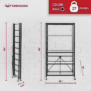 Origami R2 Series Folding Heavy Duty Steel Storage Rack Adjustable Shelving Portable Home Organization Unit with Wheels, Set of 2, Black