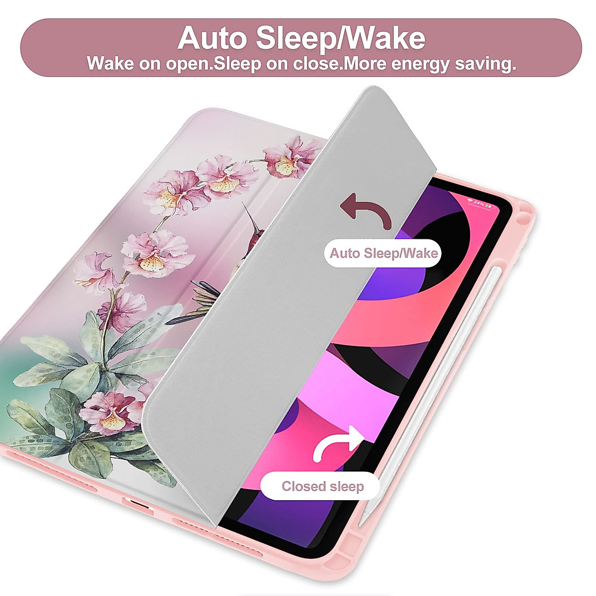 HONNKY for iPad Air 5th/ 4th Generation Case 10.9 Inch (2022/2020),iPad Pro 11 Inch Case with Pencil Holder, Auto Wake/Sleep, Trifold Stand Smart Case with Clear Transparent Back(Flower Hummingbird)