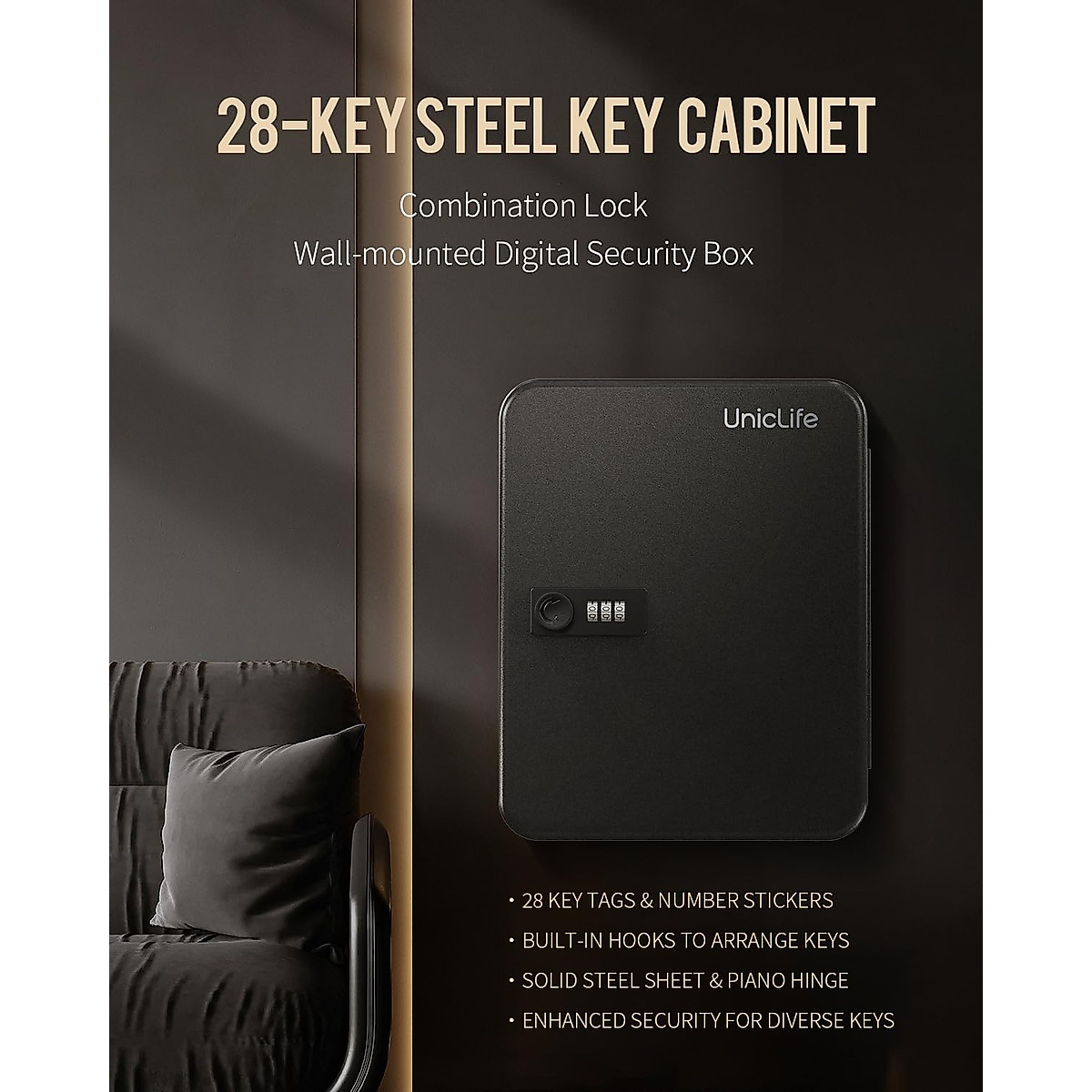 Uniclife 28-Key Steel Key Cabinet with Combination Lock Wall Mounted Key Organizer with Resettable Code Black Digital Security Box with Hooks and Large Key Tag Labels Identifiers in 5 Assorted Colors