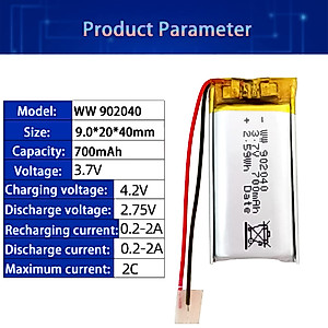 FREEDOH 3.7V Li-Polymer Battery 700mAh Lithium-ion Backup Battery 902040 Lithium-Polymer ion Rechargeable Battery with Protection Board (2pcs)