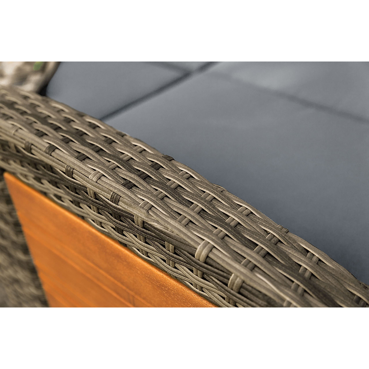 Greemotion Bahia Tobago Patio Poly Rattan Daybed, Steel Frame Loveseat Sofa Storage Ottoman Bench with Teak Retractable Side Tray, 5-Way Adjustable Cushioned Backrest (Brown/Dark Gray)