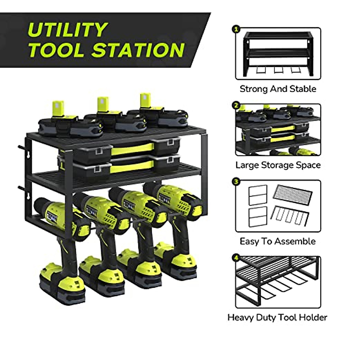 Bodato Power Tool Organizer, 3 Layers Wall Metal Floating Tool Shelf Garage Storage Drill Holder and Tool Holder, Heavy-Duty Utility Rack for Cordless Drill & Screwdriver Gift for Father, Husband