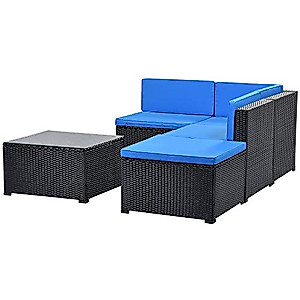 JIVOIT 5-Piece Outdoor Patio Furniture Set, Rattan PE Wicker Corner Sofa Set, Sectional Sofa Set with 1 Corner Sofa, 2 Sofa Chairs, 1 Ottoman and 1 Glass Coffee Table (Black Wicker+ Blue Cushion 003)