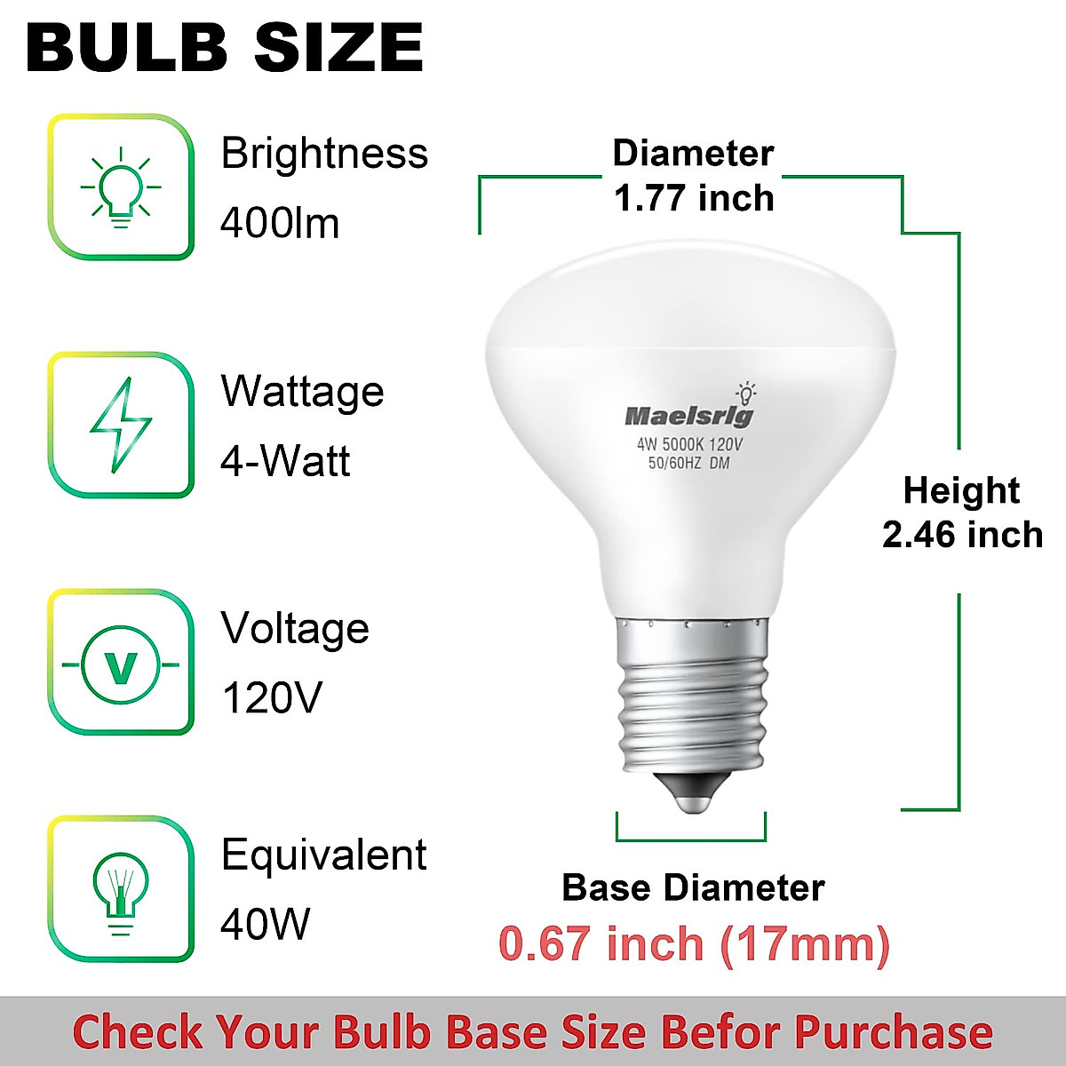 Maelsrlg E17 R14 LED Bulb, 4W (40W Equivalent) Mini Reflector Floodlight Light Bulb, E17 Intermediate Base, Daylight White 5000K, 400 Lumens, Dimmable, Pack of 6