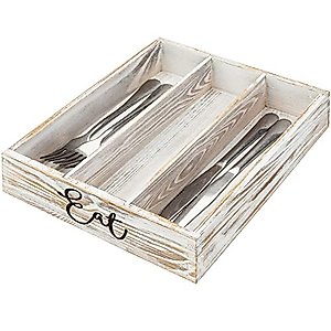MyGift 3 Slot Shabby Whitewashed Wood EAT Tabletop Dining Utensil Cutlery Tray, Cabinet, Drawer Storage Organizer for Forks, Knives and Spoons