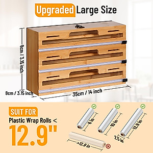 Allinside Magnetic Plastic Wrap Dispenser with Cutter, 3 in 1 Refrigerator Bamboo Wood Organizer for Tin Foil, Baking Paper, Wax Paper Holder Kitchen Storage Box Compatible with 12.9" Roll (3 Tier)