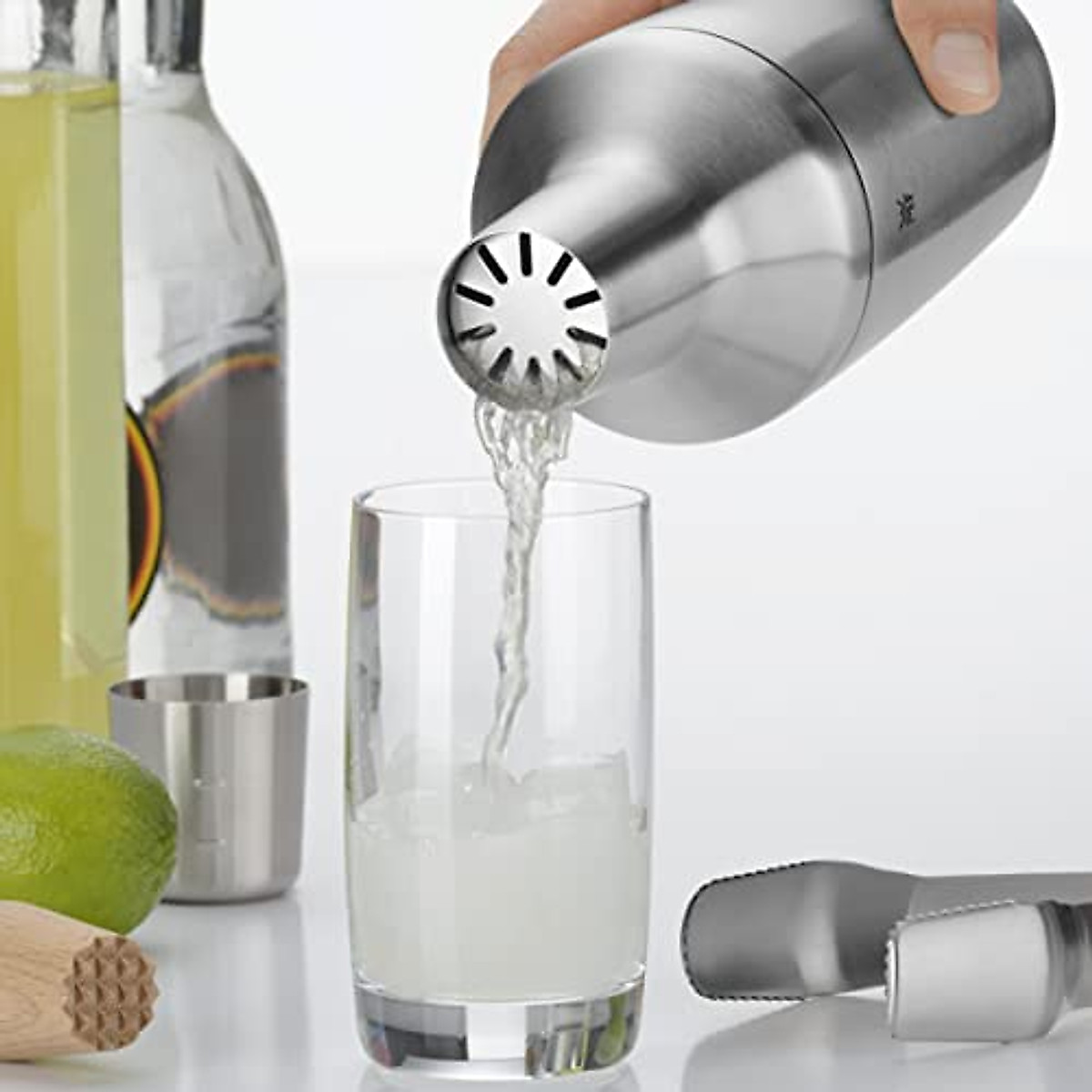 WMF Cromargan 5pc Stainless Steel/Beech Wood “Matrjoshka” bar Gift Set (Jigger, Tongs, Sieve, Pestle, Measure), Dishwasher Safe