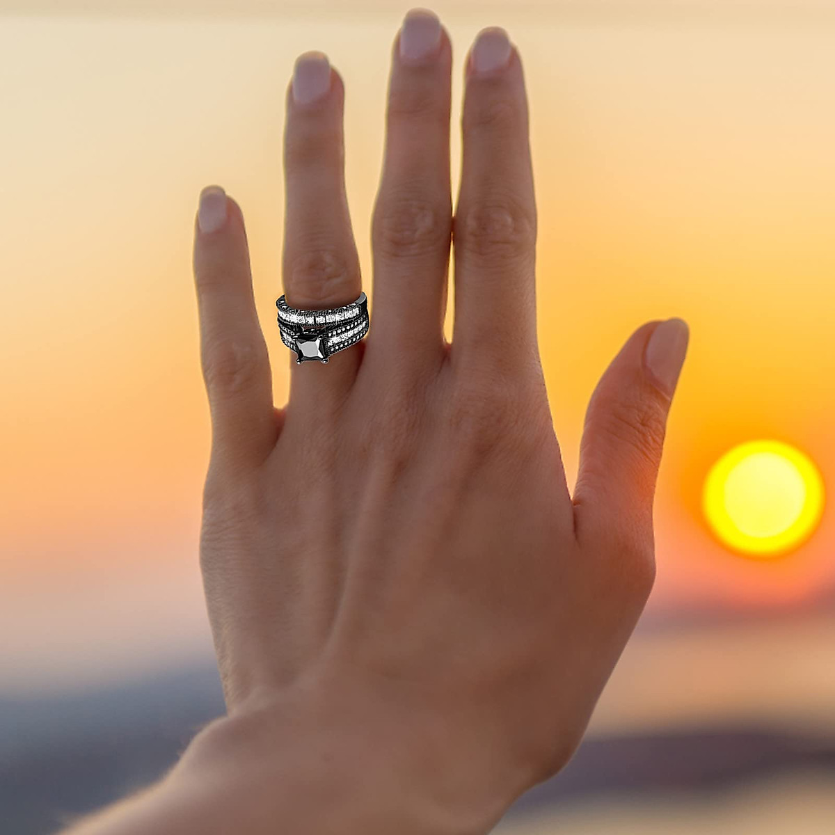 AIMAOMI Womens Two in One Ring Set Elegant Engagement Rings Square Cut Solitaire Inlaid Zircon Bridal Wedding Band (Black, 8)