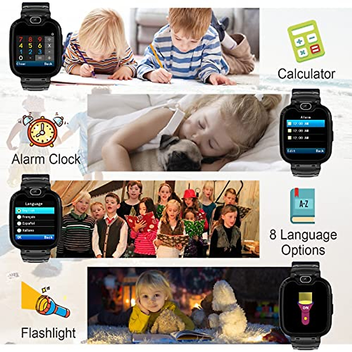 Kids Smart Watch with Camera Games Pedometer Video/Music Player Flashlights Calculator Alarm Clock Children Touch Screen Toy for Boys,Girls Age 4-12(Black)