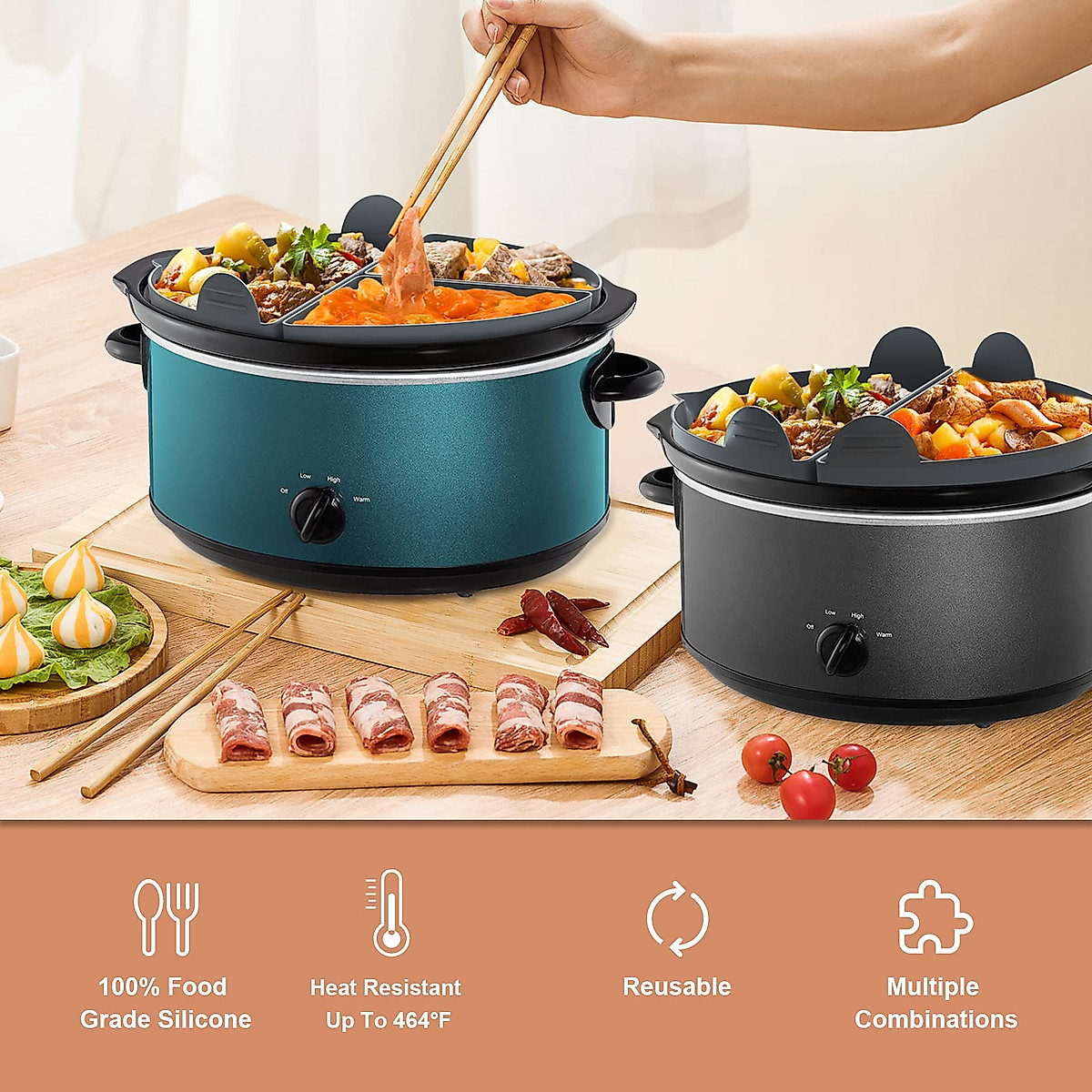 4 In 1 Crock Pot Liners, Onadak Silicone Slow Cooker Liners, Food Grade Silicone Crock Pot Liners Reusable For 6-8QT, Slow Cooker Divider BPA Free, Leak Proof, Dishwasher Safe, Replaces Disposable