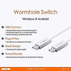 j5create JUC100 Data, Keyboard, and Mouse Sharing/Transfer USB Cable [ Wormhole Switch Windows to Windows ] Transfer Data Between 2 Windows PC