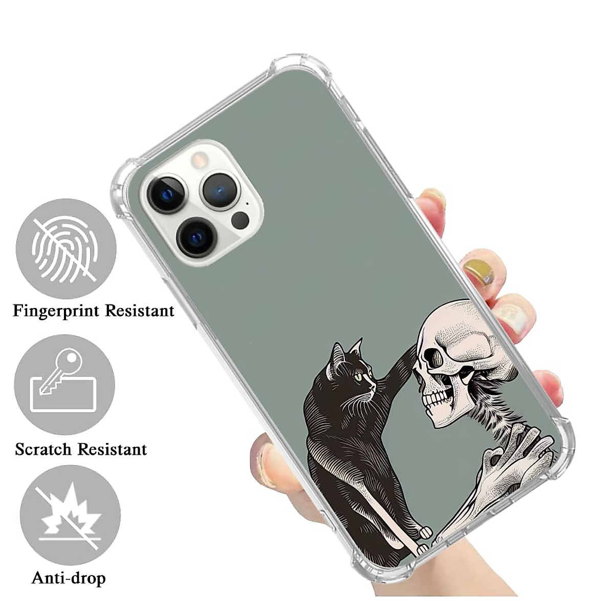 Vusbvelnot Cat and Skull Case Compatible with iPhone 13 Pro Max, Hippie Creepy Black Cat and Skeleton Case for iPhone 13 Pro Max for Teens Men and Women, Cool TPU Bumper Phone Case Cover