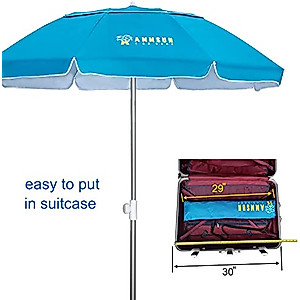 AMMSUN 6.5ft twice folded compact Portable beach umbrella with sand anchor windproof, Push Button Tilt Air vent UV 50+ Protection Fits in a large Suitcase for travel Patio Garden Pool Backyard Sky Blue