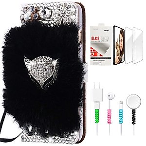 STENES Bling Wallet Luxury Phone Case Compatible with Samsung Galaxy S23 Plus - Stylish - 3D Handmade Luxury Fox Flowers Design Leather Cover with Screen Protector & Cable Protector - Black