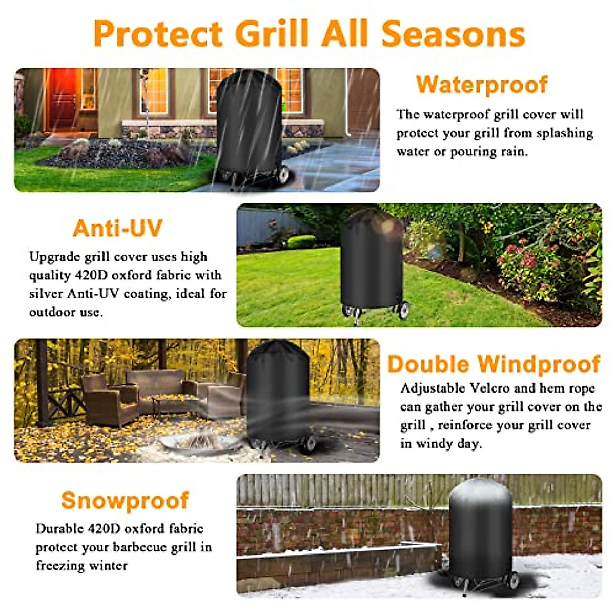 Aoretic 22 Inch Charcoal Grill Cover for 22 inch Weber Grill- Kettle BBQ Gas Grill Cover with Hook&Loop and Drawstring,Waterproof and Anti-UV Material for All Season (22 inch)