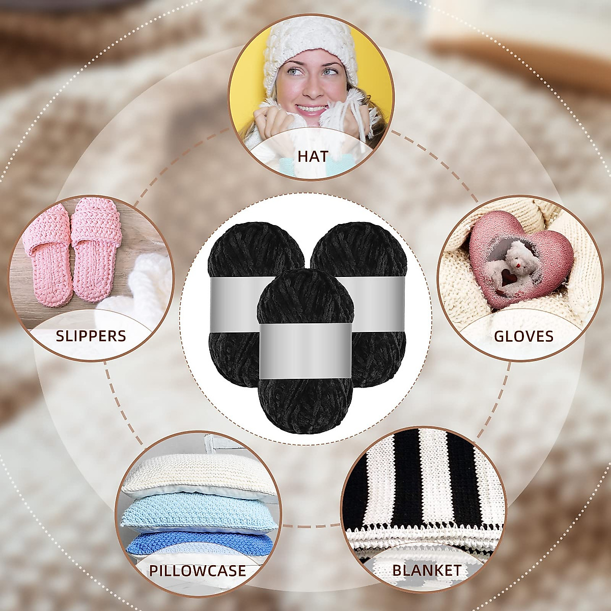 3 Rolls 590 Yards Velvet Yarn Chenille Yarn for Soft Crocheting and Knitting Baby Velvet Project, 180 Meter and 100 Gram for Each DIY Weaving Crochet Weaving Craft(Black)